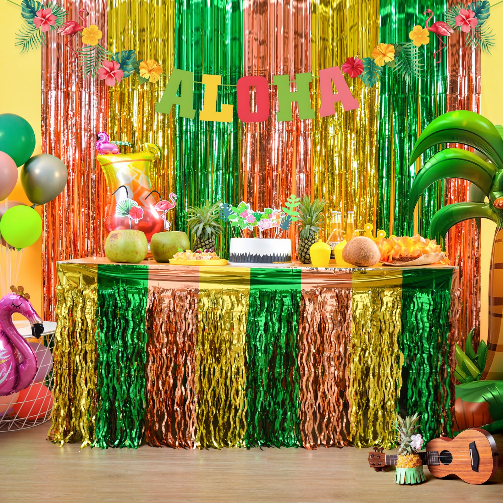 LOLStar Hawaiian Luau Party Decorations 2Pack Green Brown and Yellow Wavy Metallic Tinsel Foil Fringe Table Skirt for Rectangle and Round Table,Perfect Decor for Summer Beach Party Tropical Themed