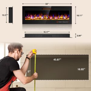 ALPACA 50" Slim Electric Fireplace Recessed and Wall Mounted,Wall Fireplace and Freestanding Linear Fireplace, with Remote Control,13 Adjustable Flame Color and 5 Brightness, 750W/1500W