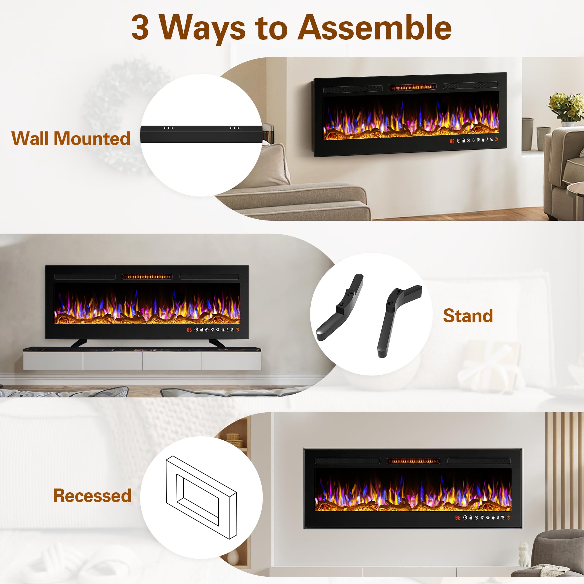 ALPACA 50" Slim Electric Fireplace Recessed and Wall Mounted,Wall Fireplace and Freestanding Linear Fireplace, with Remote Control,13 Adjustable Flame Color and 5 Brightness, 750W/1500W