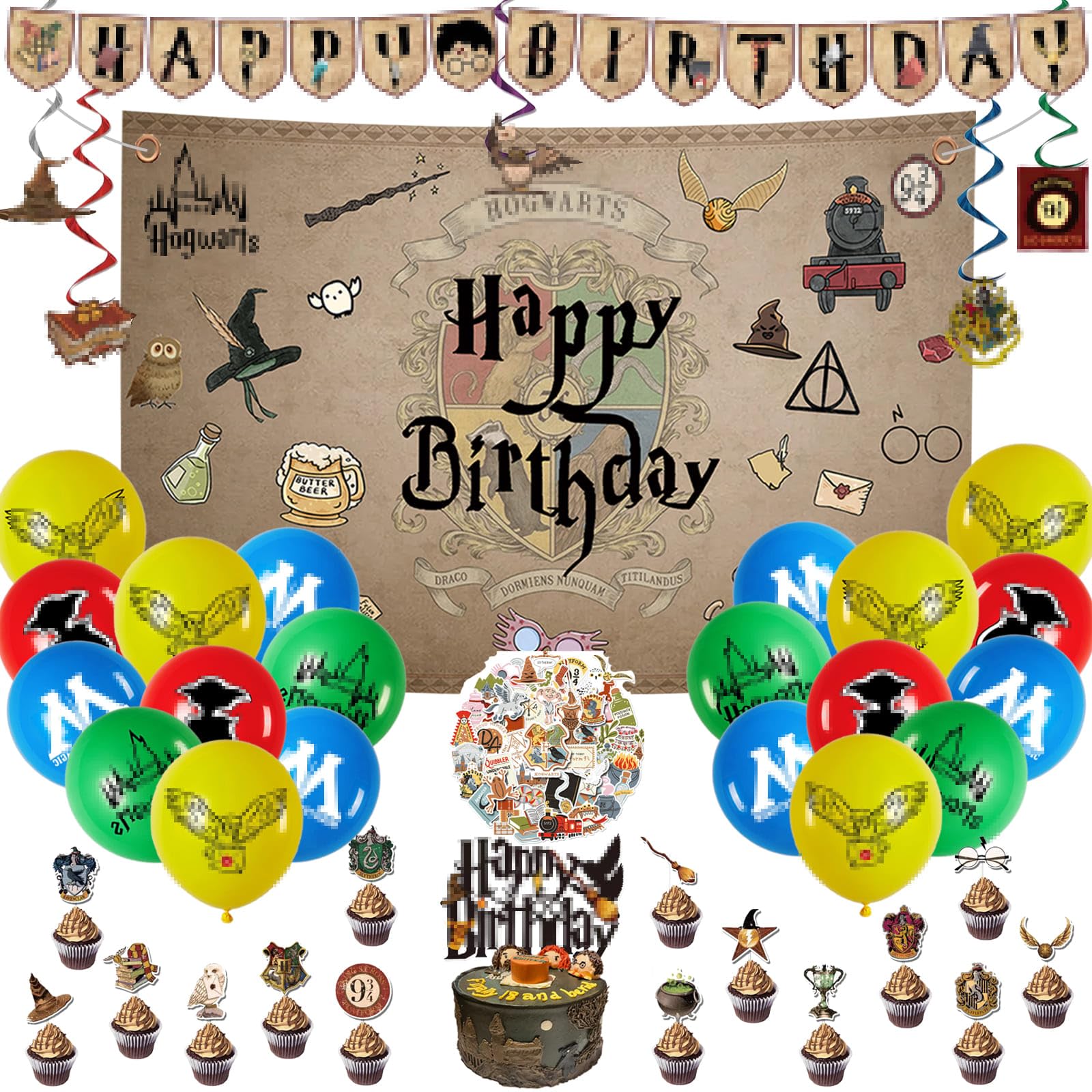 Harry Birthday Party Supplies Set Harry Birthday Decorations Include Backdrop,Happy Birthday Banner,Hanging Swirls,Latex Balloons,Cake Cupcake Toppers,Stickers for Magic Movie Birthday Party Supplies