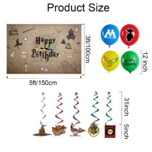 Harry Birthday Party Supplies Set Harry Birthday Decorations Include Backdrop,Happy Birthday Banner,Hanging Swirls,Latex Balloons,Cake Cupcake Toppers,Stickers for Magic Movie Birthday Party Supplies