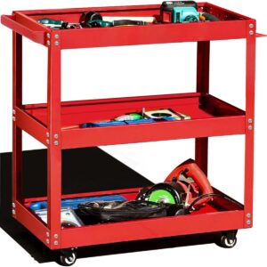 brljuneo tool cart on wheels, 3 tier rolling mechanic tool cart, heavy duty steel utility cart w/lockable wheels, 450 lbs capacity industrial service cart for garage, warehouse, workshop (bright red)