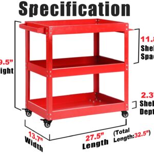 BRLJUNEO Tool Cart on Wheels, 3 Tier Rolling Mechanic Tool Cart, Heavy Duty Steel Utility Cart w/Lockable Wheels, 450 LBS Capacity Industrial Service Cart for Garage, Warehouse, Workshop (Bright Red)