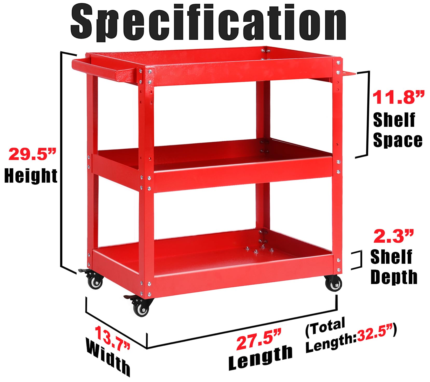 BRLJUNEO Tool Cart on Wheels, 3 Tier Rolling Mechanic Tool Cart, Heavy Duty Steel Utility Cart w/Lockable Wheels, 450 LBS Capacity Industrial Service Cart for Garage, Warehouse, Workshop (Bright Red)