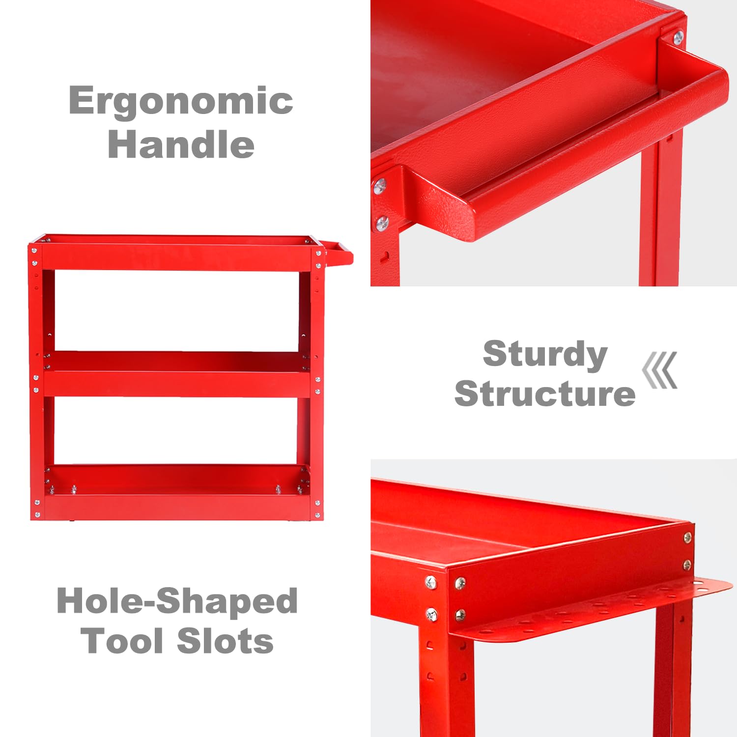 BRLJUNEO Tool Cart on Wheels, 3 Tier Rolling Mechanic Tool Cart, Heavy Duty Steel Utility Cart w/Lockable Wheels, 450 LBS Capacity Industrial Service Cart for Garage, Warehouse, Workshop (Bright Red)