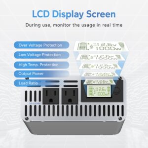 Redodo Pure Sine Wave Inverter 1000W Convert DC 12V to AC 110V, Monitoring Screen Showing Real-Time Status, for Off-Grid Solar Power System, RV, Home Backup Power