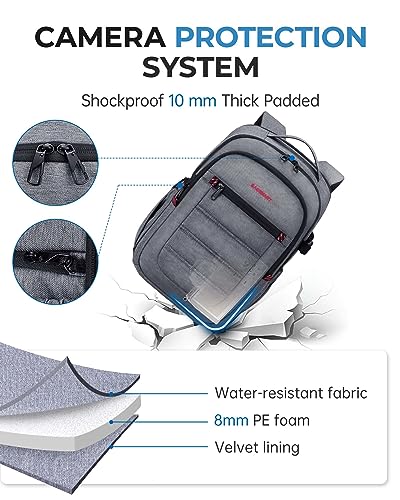 BAGSMART Camera Backpack, Expandable DSLR SLR Camera Bags for Photographers, Waterproof Photography Travel Backpack with 15.6" Laptop Compartment &Tripod Holder, Grey