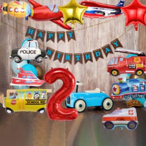 12pcs Transportation Truck Plane School Bus Fire Truck Police Car Ship Ambulance Submarine Birthday Number Foil Balloon for Transportation 2nd Birthday Vehicles Theme Party Supplies Decorations (2nd)