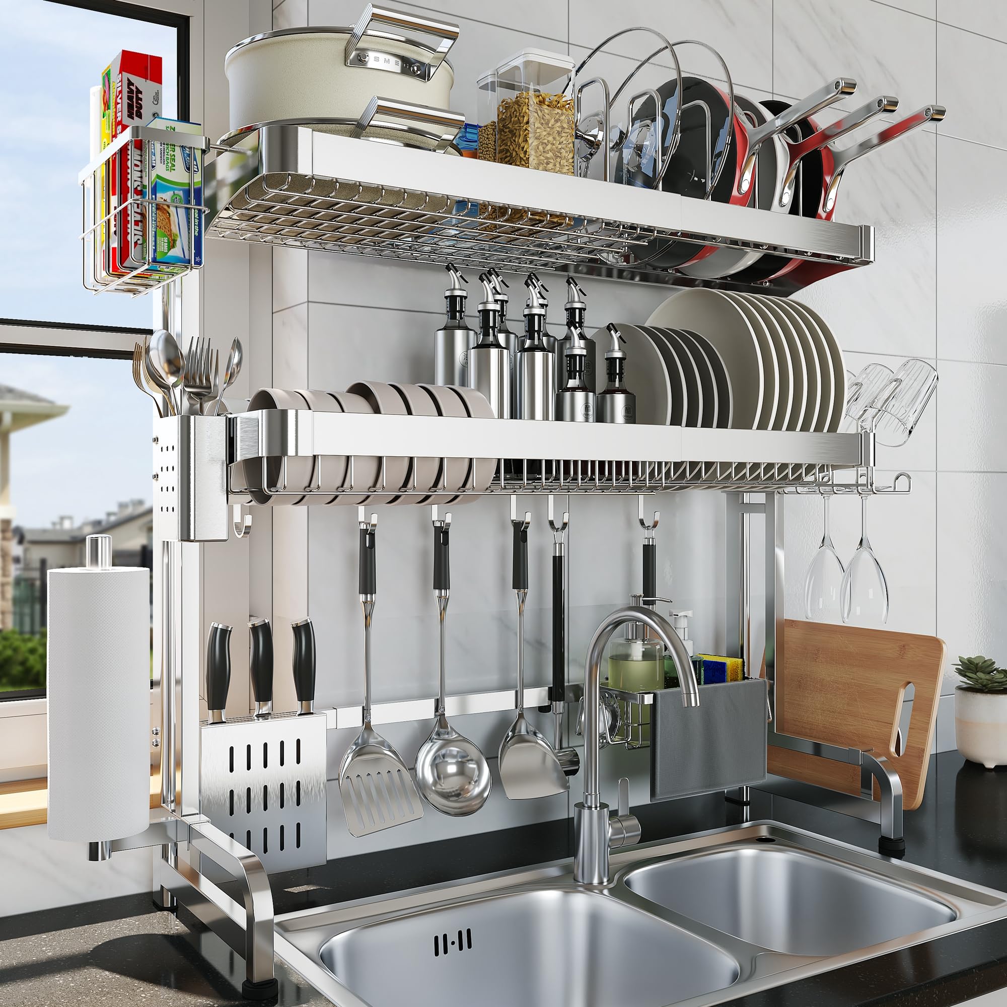 LIVOD Over The Sink Dish Drying Rack, 3-Tier Drying Drainer Rack Over Sink Stainless Steel Adjustable (29.1''~37.4''), Sink Drying Rack with Pots and Pans Rack (Silver)