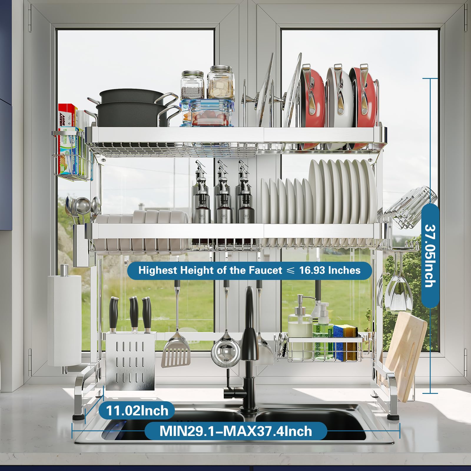 LIVOD Over The Sink Dish Drying Rack, 3-Tier Drying Drainer Rack Over Sink Stainless Steel Adjustable (29.1''~37.4''), Sink Drying Rack with Pots and Pans Rack (Silver)