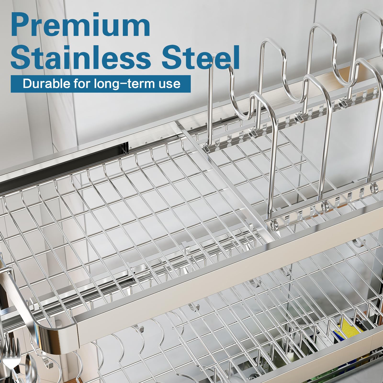 LIVOD Over The Sink Dish Drying Rack, 3-Tier Drying Drainer Rack Over Sink Stainless Steel Adjustable (29.1''~37.4''), Sink Drying Rack with Pots and Pans Rack (Silver)