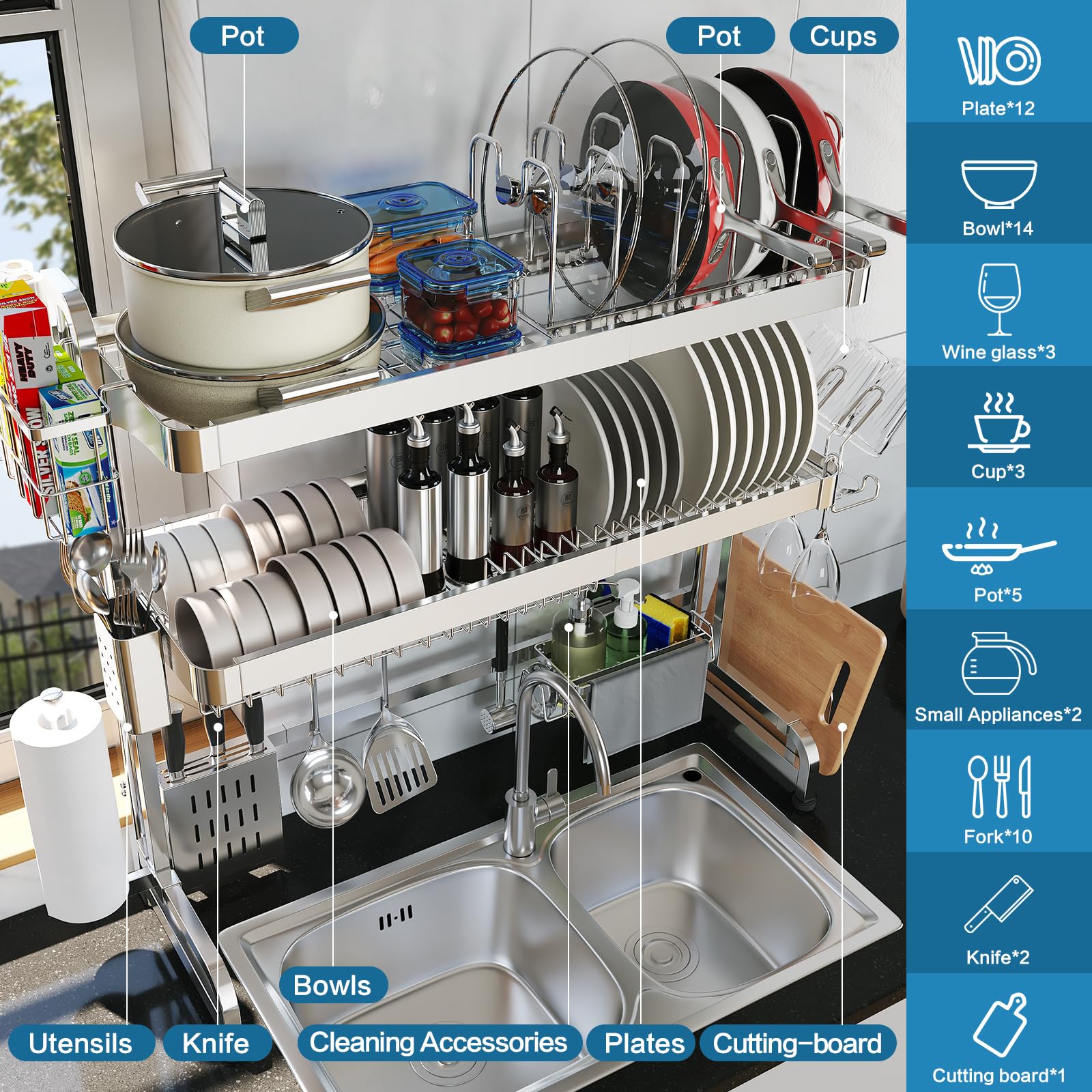 LIVOD Over The Sink Dish Drying Rack, 3-Tier Drying Drainer Rack Over Sink Stainless Steel Adjustable (29.1''~37.4''), Sink Drying Rack with Pots and Pans Rack (Silver)