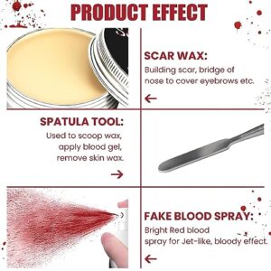 Halloween Sfx Makeup Kit, Contain (Fake Wound Modeling Skin Wax with Spatula, Fake Blood Splatter Spray, Fake Blood Cream, Scab Coagulated Blood Gel, 3 Stipple Sponge), Realistic Washable