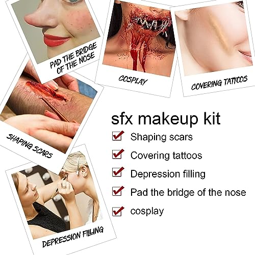 Halloween Sfx Makeup Kit, Contain (Fake Wound Modeling Skin Wax with Spatula, Fake Blood Splatter Spray, Fake Blood Cream, Scab Coagulated Blood Gel, 3 Stipple Sponge), Realistic Washable