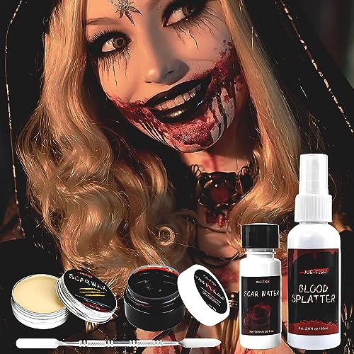 Halloween Sfx Makeup Kit, Contain (Fake Wound Modeling Skin Wax with Spatula, Fake Blood Splatter Spray, Fake Blood Cream, Scab Coagulated Blood Gel, 3 Stipple Sponge), Realistic Washable