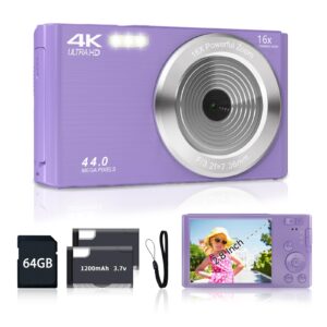 digital camera for teens, fhd 4k 44mp digital camera purple with 64gb sd card 16x digital zoom, cameras for photography compact point and shoot camera for teen boys girls kids camera digital