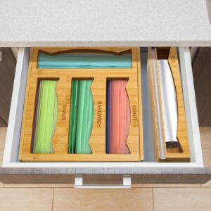 WHOMASS Foil and Plastic Wrap Organizer with Cutter 6 In 1 Bamboo Magnetic Storage Bag Organizer for Kitchen Drawer, Compatible with Gallon, Quart, Sandwich, Snack, Aluminum Foil