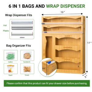 WHOMASS Foil and Plastic Wrap Organizer with Cutter 6 In 1 Bamboo Magnetic Storage Bag Organizer for Kitchen Drawer, Compatible with Gallon, Quart, Sandwich, Snack, Aluminum Foil