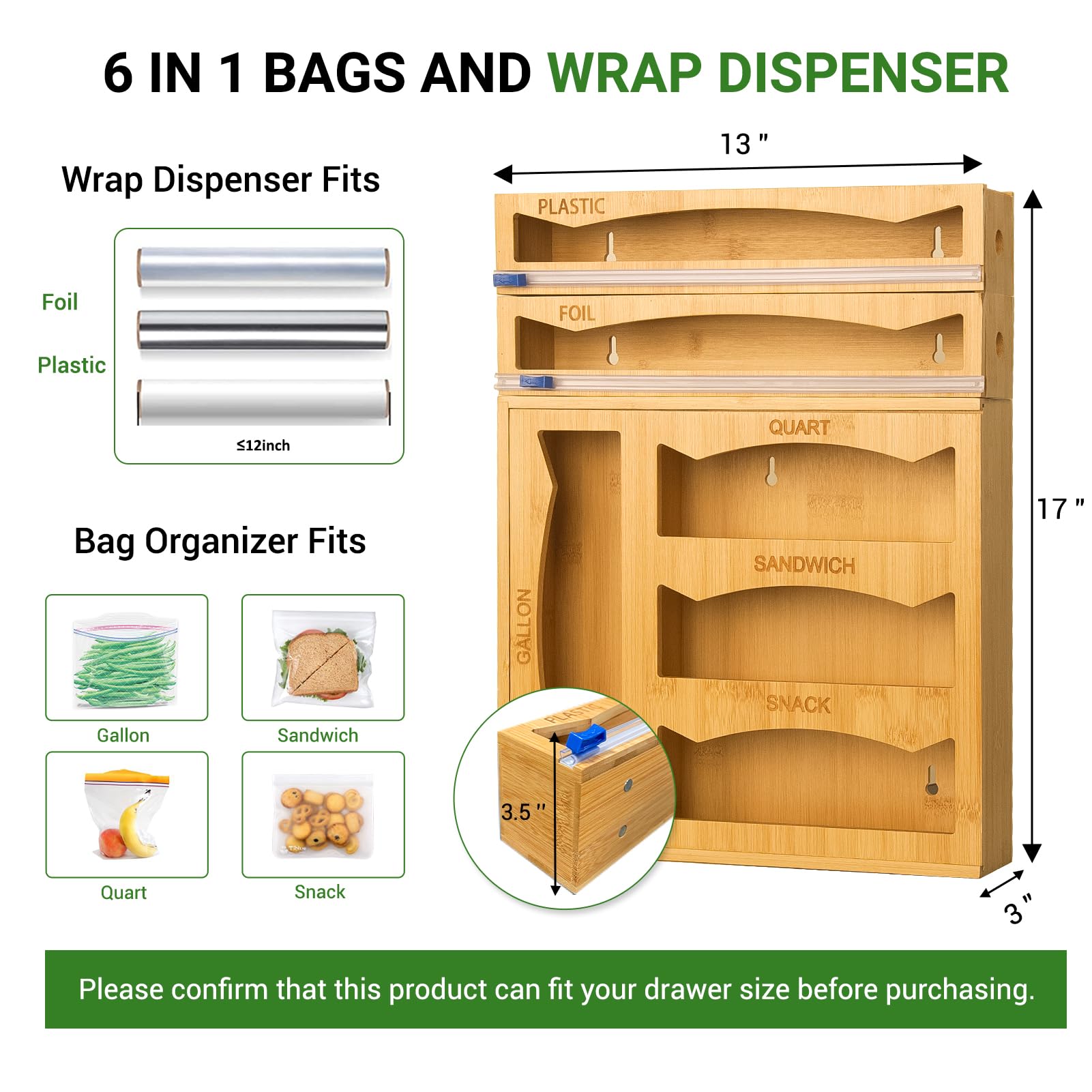 WHOMASS Foil and Plastic Wrap Organizer with Cutter 6 In 1 Bamboo Magnetic Storage Bag Organizer for Kitchen Drawer, Compatible with Gallon, Quart, Sandwich, Snack, Aluminum Foil