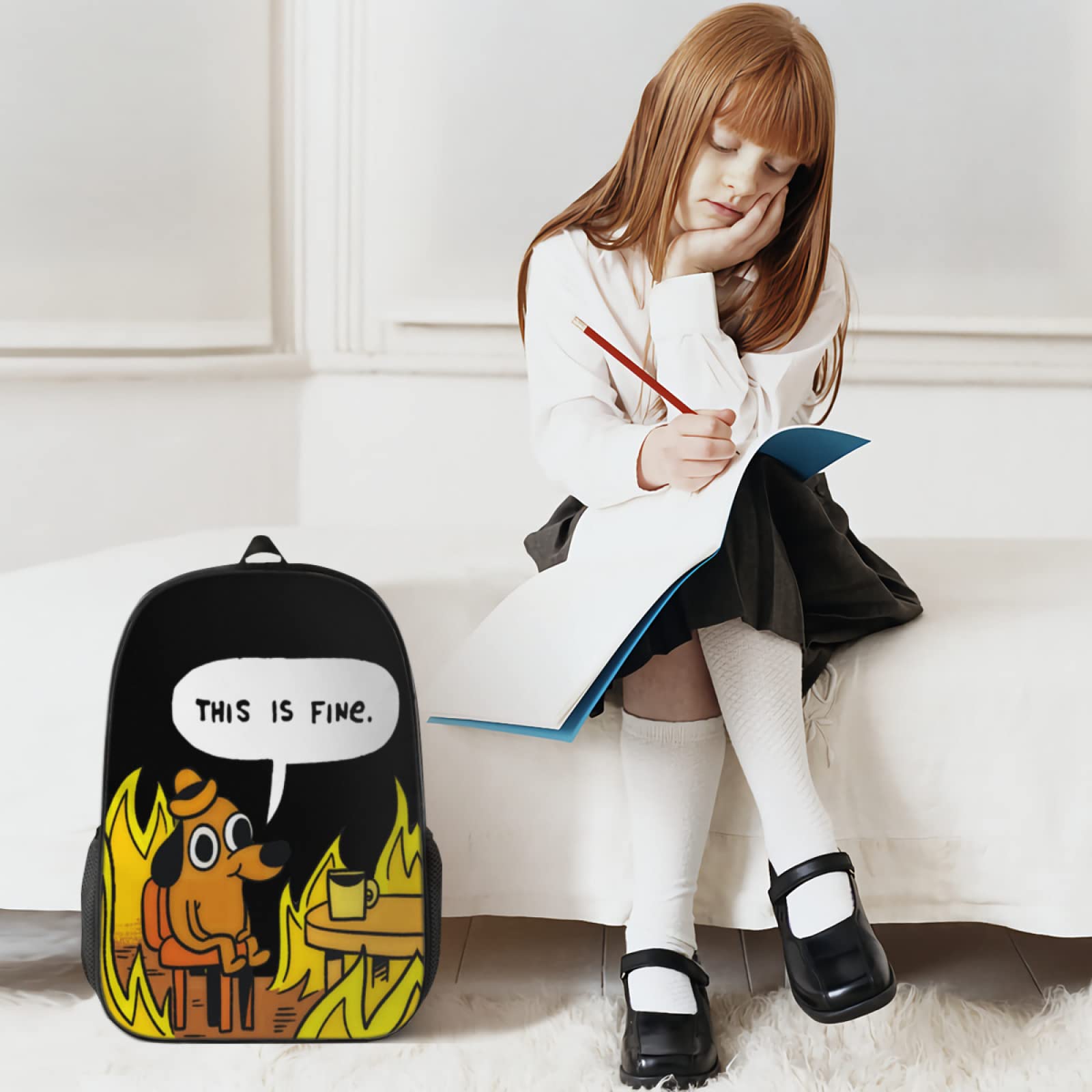 This Is Fine - Dog Fire Meme Backpack School Bag Student Bookbag Lightweight Cycling Travel bag Outdoor Backpack for Women Men Teens Girls Boys Laptop Daypack