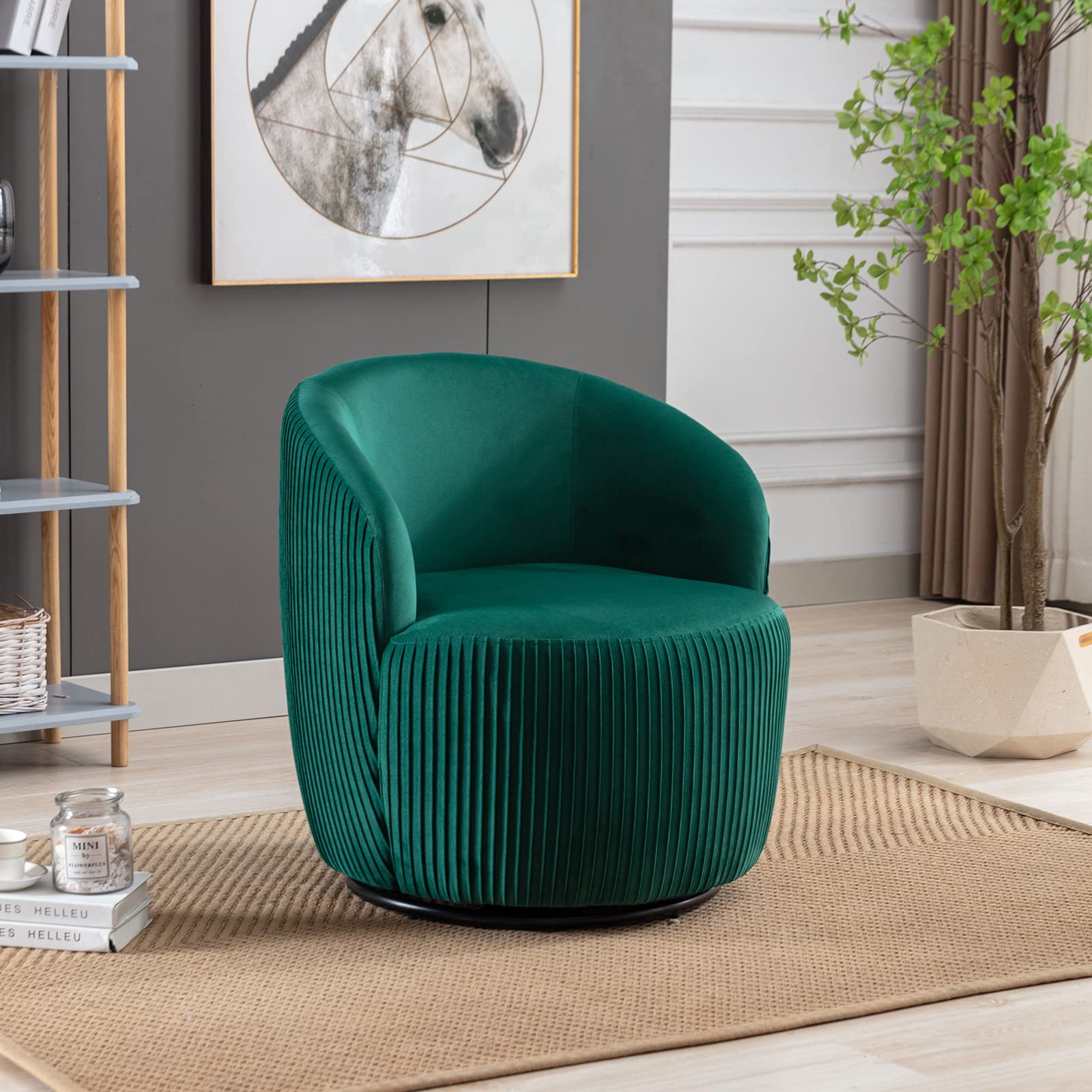 Taiweny Swivel Barrel Chair, Velvet Upholstered 360-Degree Swivel Accent Armchair, Modern Round Club Arm Chairs for Living Room, Nursery, Bedroom, Office, Lounge (Emerald Green)