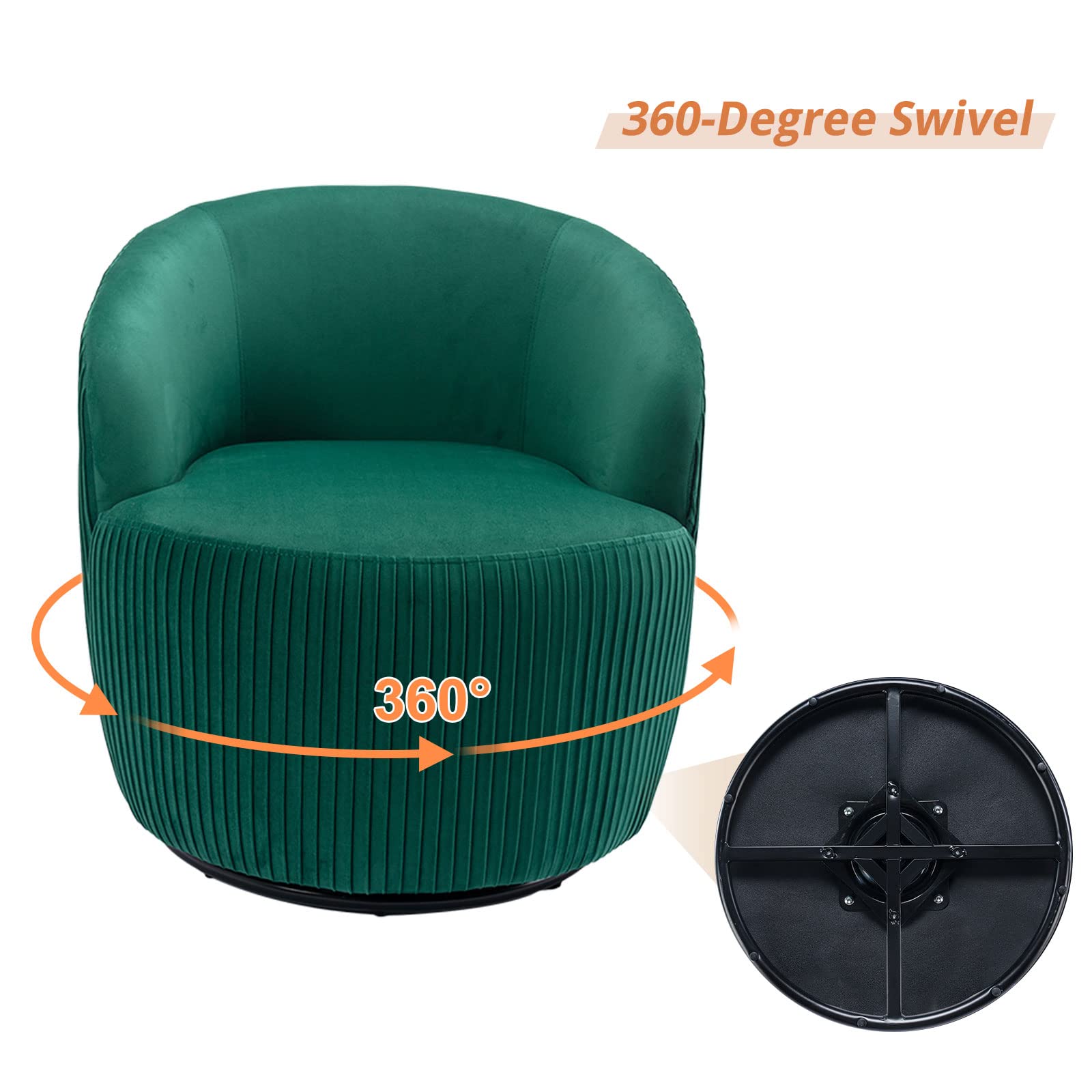 Taiweny Swivel Barrel Chair, Velvet Upholstered 360-Degree Swivel Accent Armchair, Modern Round Club Arm Chairs for Living Room, Nursery, Bedroom, Office, Lounge (Emerald Green)