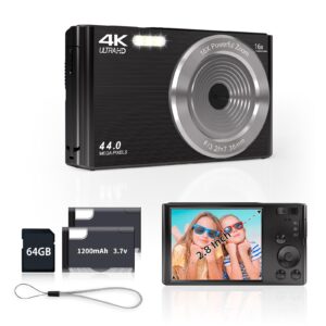 digital camera for teens, fhd 4k 44mp digital camera with 64gb sd card 16x digital zoom, digital camera compact point and shoot camera for teens boys kids camera digital black(black)