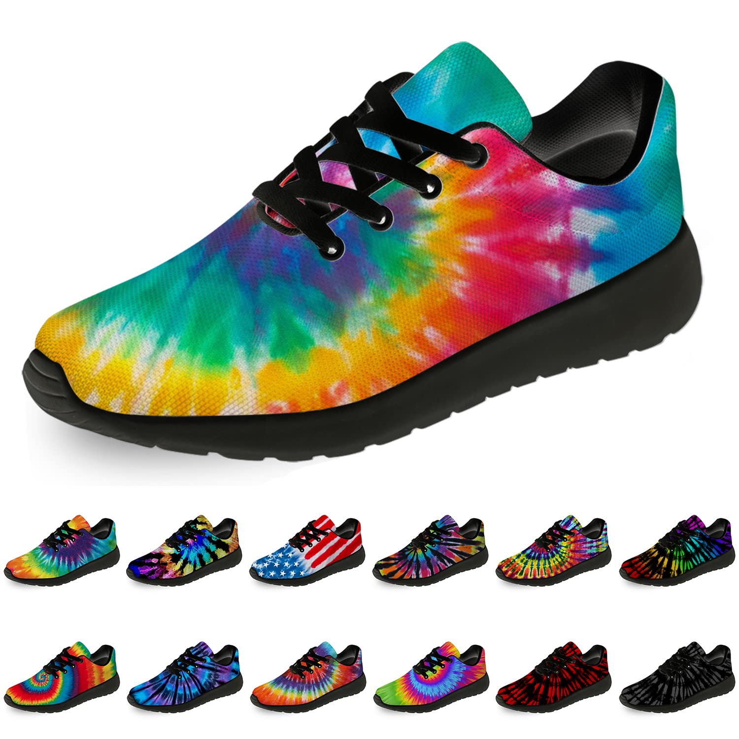 Mens Womens Tie Dye Shoes Running Shoes Walking Tennis Sneakers Spiral Rainbow Tie Dye Shoes Gifts for Boy Girl,Size 10.5 Men/12 Women Black