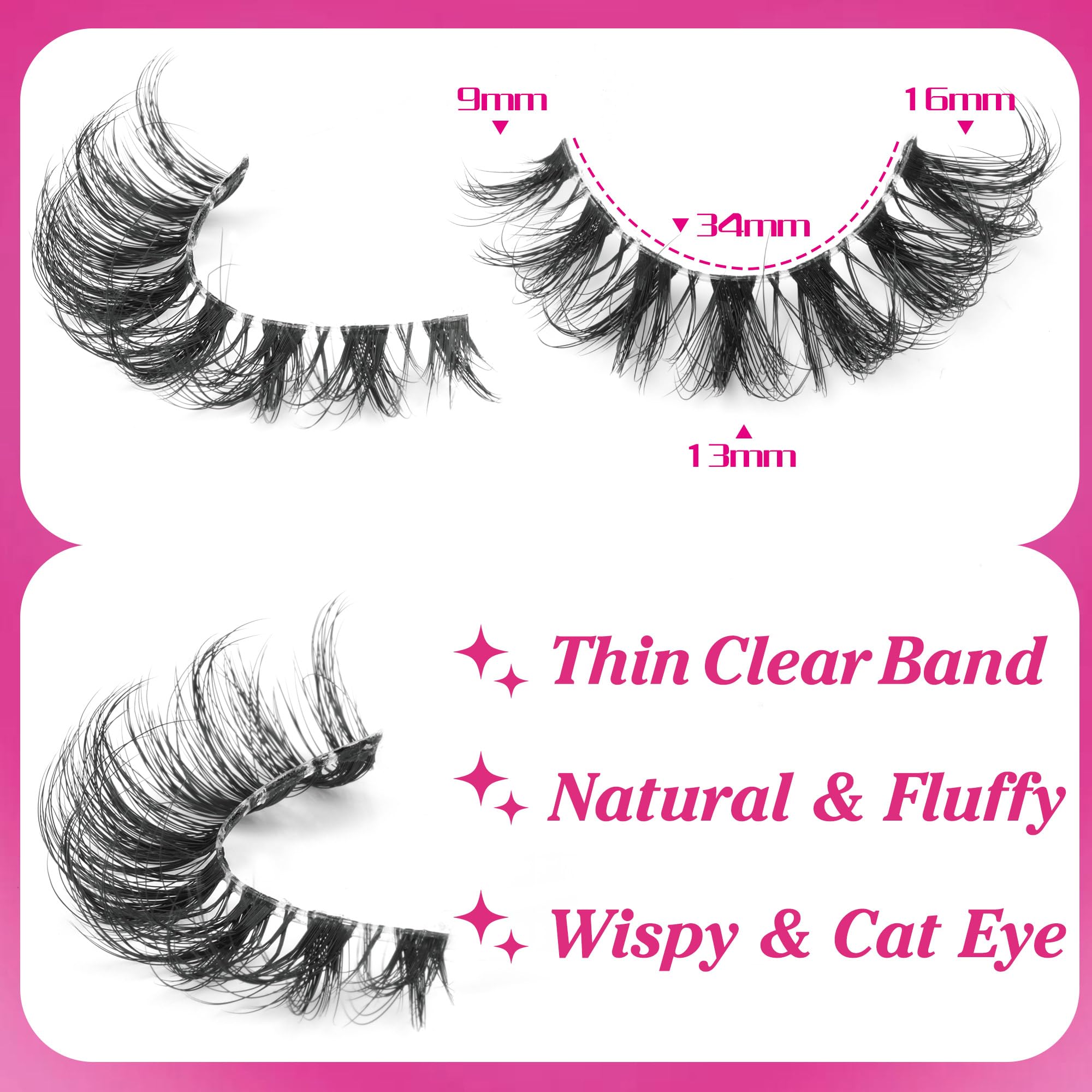 False Lashes Natural Look Fake Eyelashes Wispy Cat Eye Lashes Clear Band False Eyelashes 16MM Faux Mink Lashes Pack 7 Pairs by Ruairie