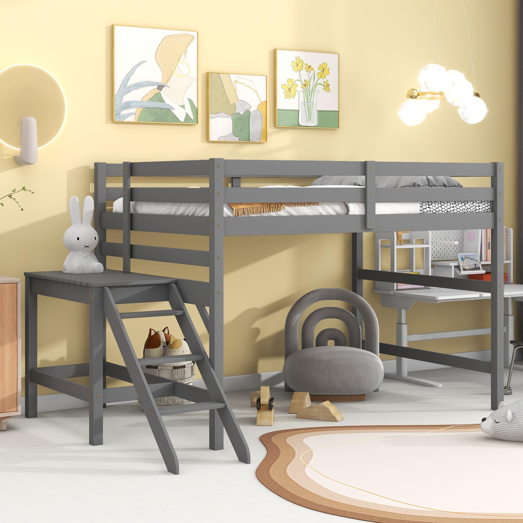 Polibi Full Low Loft Bed with Attached Platform and Ladder, Space-Saving Full Size Wooden Loft Bed, Grey