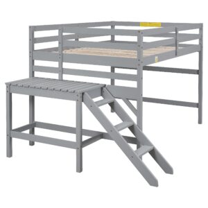 Polibi Full Low Loft Bed with Attached Platform and Ladder, Space-Saving Full Size Wooden Loft Bed, Grey