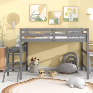 Polibi Full Low Loft Bed with Attached Platform and Ladder, Space-Saving Full Size Wooden Loft Bed, Grey