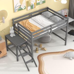 Polibi Full Low Loft Bed with Attached Platform and Ladder, Space-Saving Full Size Wooden Loft Bed, Grey