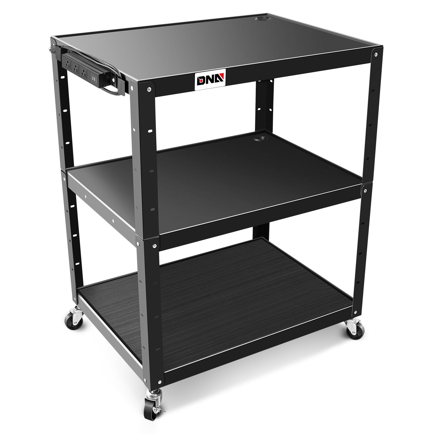 DNA MOTORING 3-Layer Utility Steel AV Cart with Wheels Power Strip, 35" x 25" x 24"-42" Height Adjustable Rolling Projector Cart,TOOLS-00137