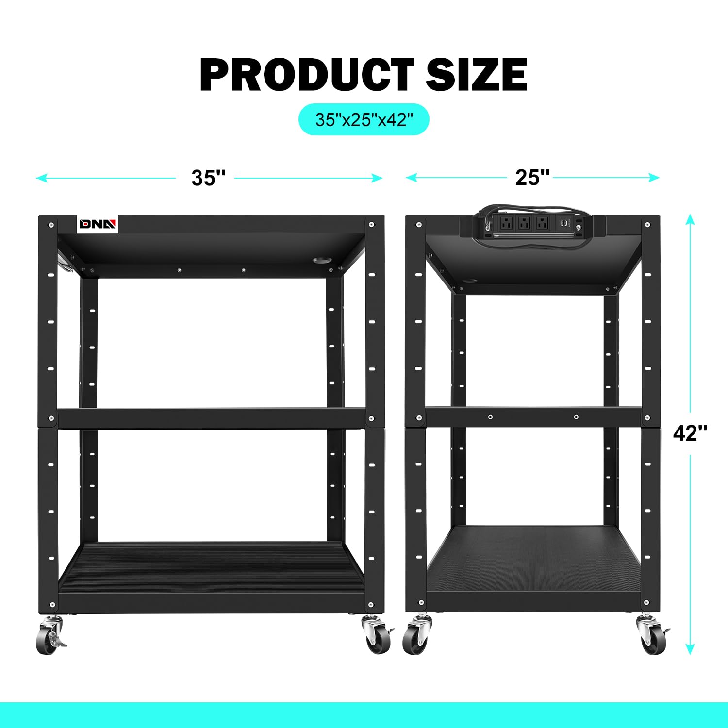 DNA MOTORING 3-Layer Utility Steel AV Cart with Wheels Power Strip, 35" x 25" x 24"-42" Height Adjustable Rolling Projector Cart,TOOLS-00137