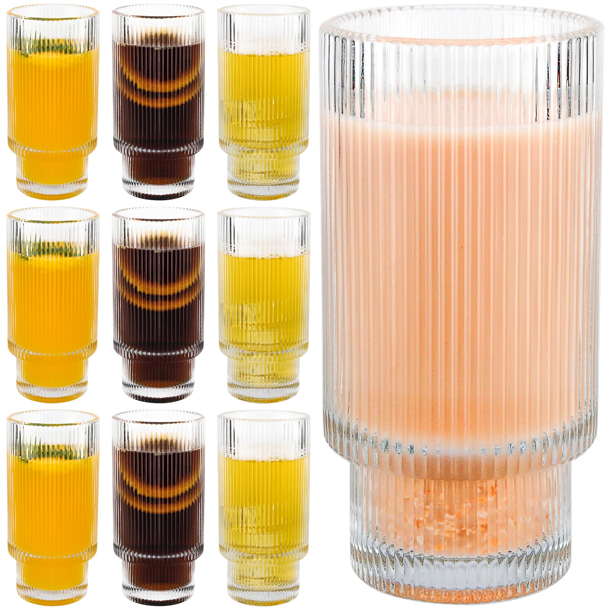 QUMMFA 10 Pack Ribbed Drinking Glasses, 11oz Glass Cups Set, Beer Glasses, Iced Coffee Glasses, Coffee Bar Accessories, Glass Tumbler for Water, Juice, Cocktail, Smoothies, Vintage Glassware