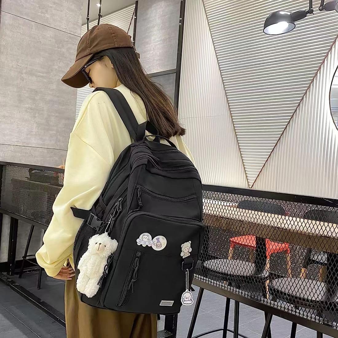 Aesthetic Backpack Cute Kawaii Backpack with Pins and Pendant Laptop Bag Casual Daypack for Women (Black,One Size)