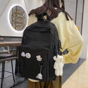 Aesthetic Backpack Cute Kawaii Backpack with Pins and Pendant Laptop Bag Casual Daypack for Women (Black,One Size)