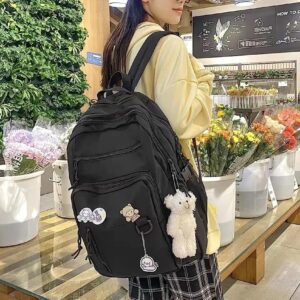 Aesthetic Backpack Cute Kawaii Backpack with Pins and Pendant Laptop Bag Casual Daypack for Women (Black,One Size)