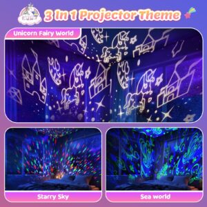 STRAWBETTER Unicorn Night Light Kids Toys 3 in 1 Unicorns & Starry Sky & Sea World Nights Lights Projector for 3 4 5 6 7 8 9 10 11 12 Year Old Girls Birthday Basket Stuffers Gifts for Kids 3-12