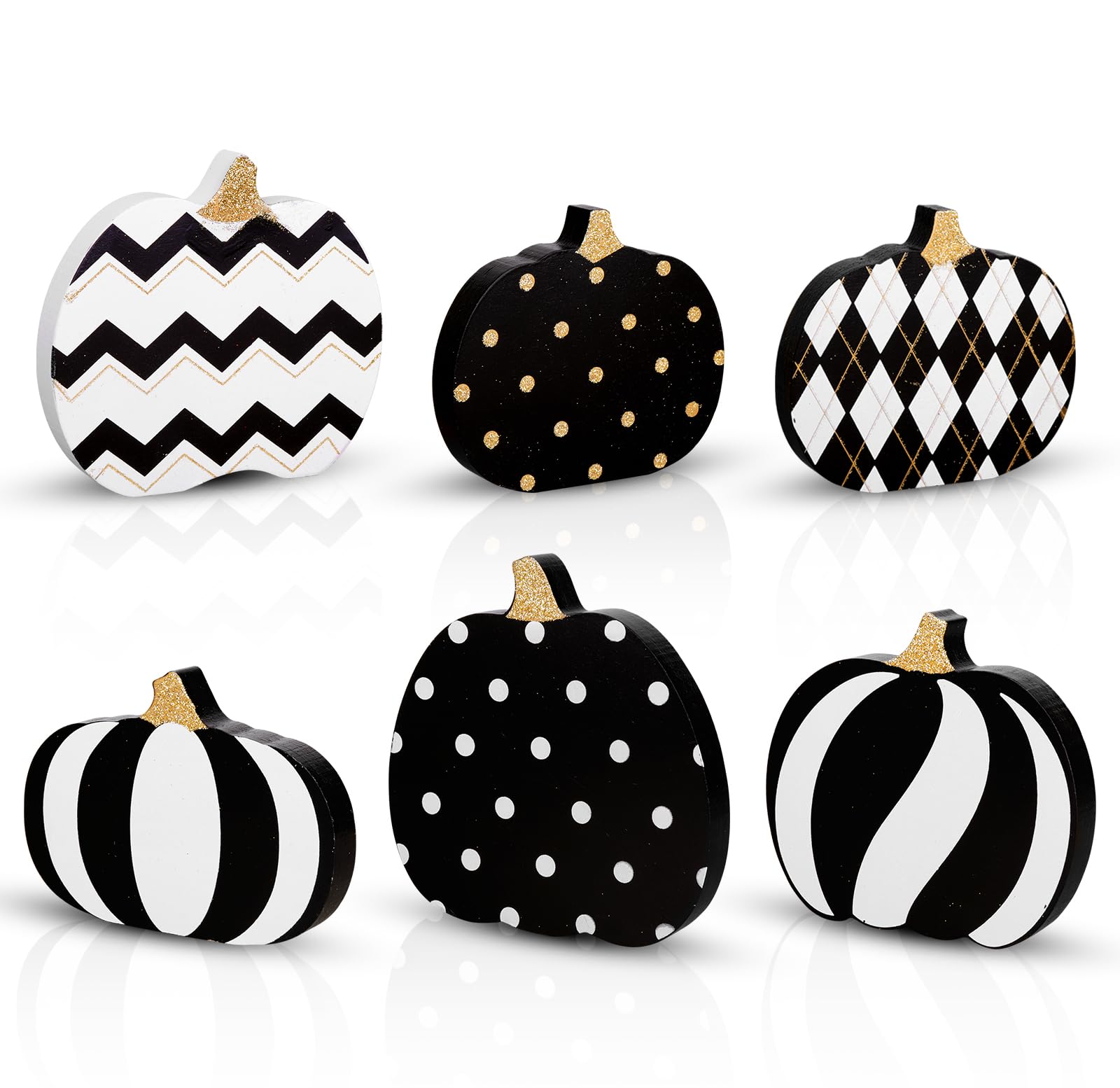 Treory Fall Thanksgiving Table Decorations: 6ct Black White Pumpkin Thanksgiving Tiered Tray Decor, Autumn Pumpkins with Stripe and Gold Dots, Kitchen Desk Tabletop Wooden Sign for Home School Office