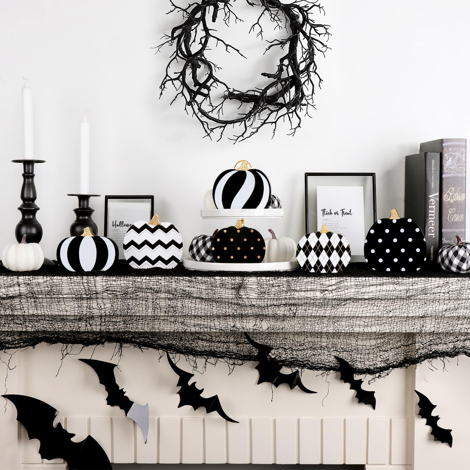 Treory Fall Thanksgiving Table Decorations: 6ct Black White Pumpkin Thanksgiving Tiered Tray Decor, Autumn Pumpkins with Stripe and Gold Dots, Kitchen Desk Tabletop Wooden Sign for Home School Office