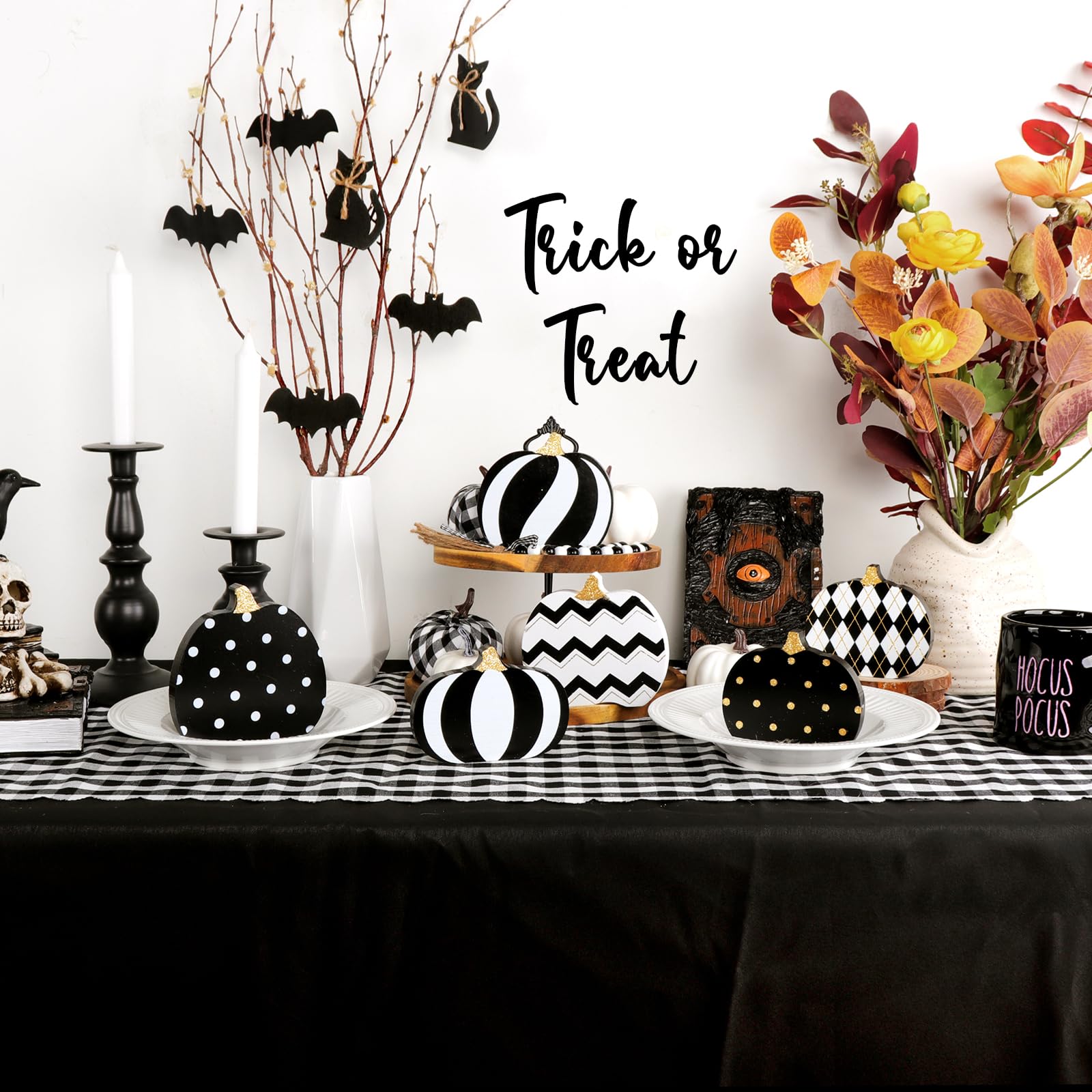 Treory Fall Thanksgiving Table Decorations: 6ct Black White Pumpkin Thanksgiving Tiered Tray Decor, Autumn Pumpkins with Stripe and Gold Dots, Kitchen Desk Tabletop Wooden Sign for Home School Office