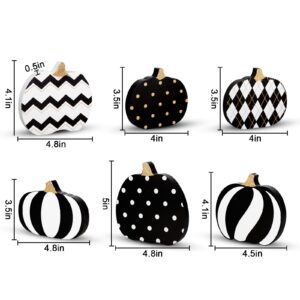 Treory Fall Thanksgiving Table Decorations: 6ct Black White Pumpkin Thanksgiving Tiered Tray Decor, Autumn Pumpkins with Stripe and Gold Dots, Kitchen Desk Tabletop Wooden Sign for Home School Office