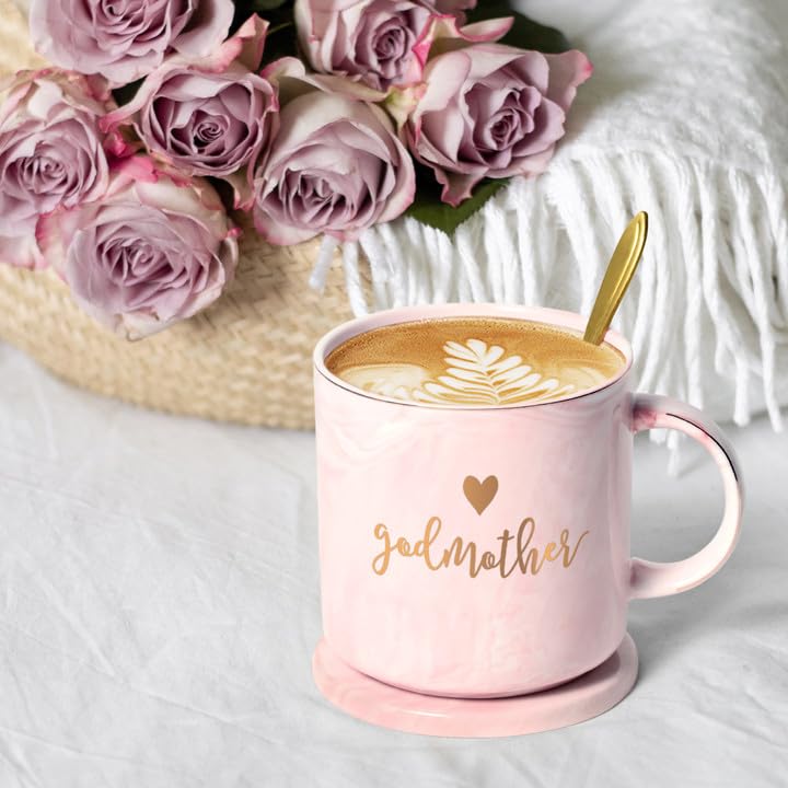 YHRJWN - Godmother Gift, Godmother Coffee Mug, Godmother Gifts from Godchild, Birthday Christmas Godmother Gifts for Women, Godmother Proposal Gifts, Pink Marble Mug 12 Oz with Gift Box