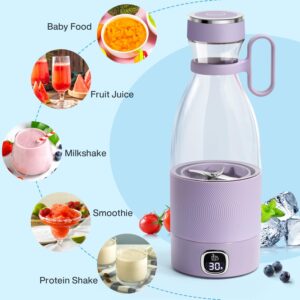 Portable Blender, MIAOKE 6 Blades Juicer Cup for Juice Shakes and Smoothies 350ml Mini Blender with Led Display Usb Rechargeable,3000Mah Rechargeable Battery, for Home Sports Outdoors Travel-Purple