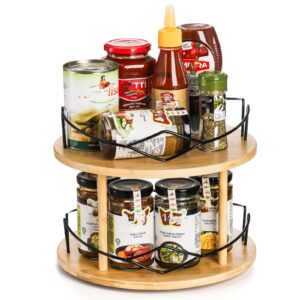 Yopay Lazy Susan Organizer 2 Tier, Bamboo Rotating Spice Rack for Kitchen Countertop Cabinet, Spinning Makeup Turntable Organizer with Steel Side for Vanity, Dining Table, Pantry, Condiments, 11 Inch