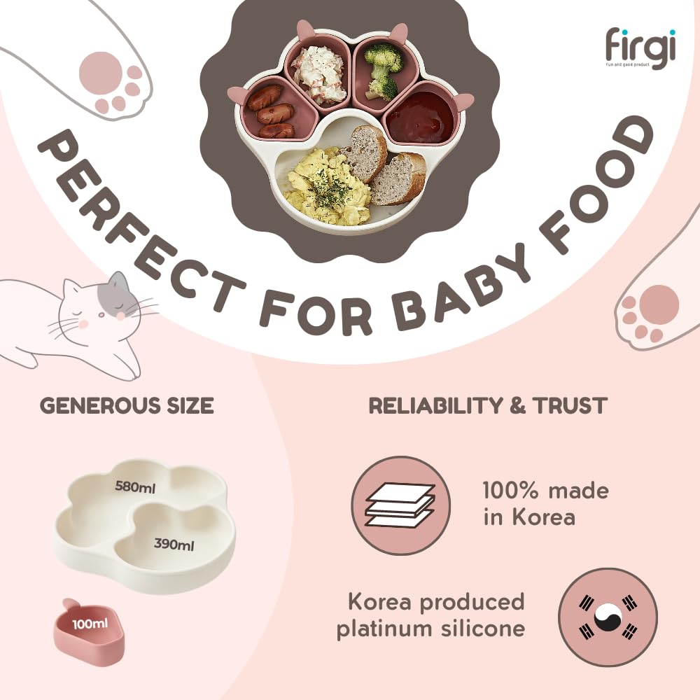 Firgi MEOW MEOW Taupe Brown Kids Divided Suction Plates for Baby with Toddler Non-Slip Design Plates Baby Led Weaning Supplies BPA Free Unbreakable Food Grade Silicone Tray Korea Made