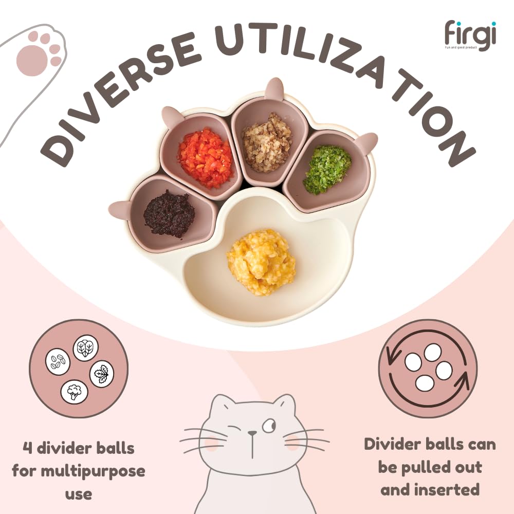 Firgi MEOW MEOW Taupe Brown Kids Divided Suction Plates for Baby with Toddler Non-Slip Design Plates Baby Led Weaning Supplies BPA Free Unbreakable Food Grade Silicone Tray Korea Made