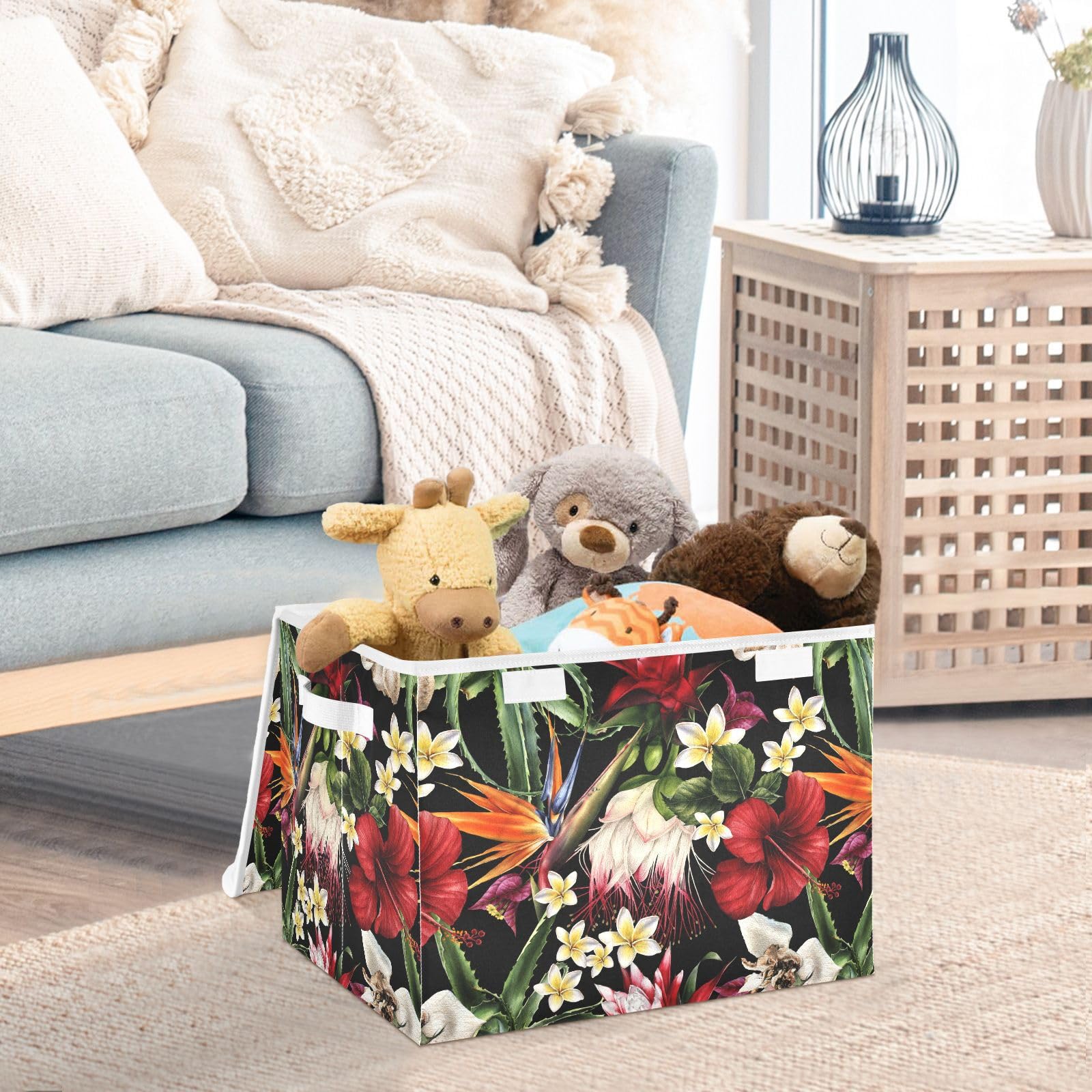 Krafig Tropical Flowers Foldable Storage Box Large Cube Organizer Bins Containers Baskets with Lids Handles for Closet Organization, Shelves, Clothes, Toys